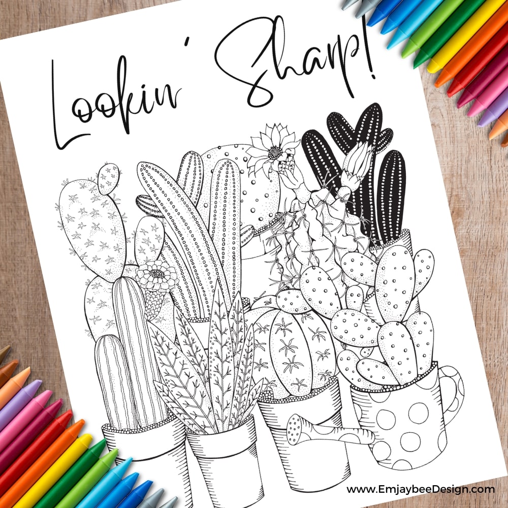Free Lookin' Sharp Cacti Coloring Page | Emjaybee Design